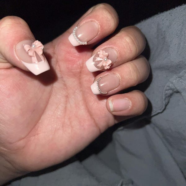 Handmade Light Pink French Blush Pearl Princess Bow Cute Press on Nails ...