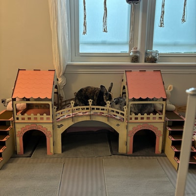Bunny Castle With Twin Closed Towers, Oak Black Rabbit Palace With Two ...