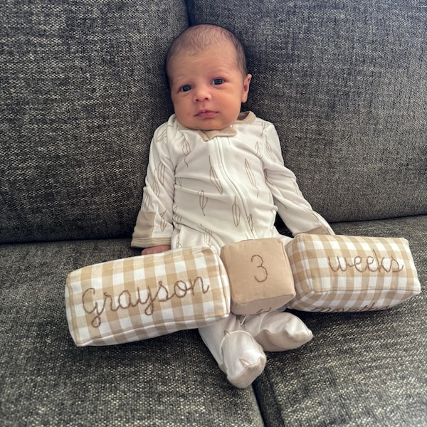 Month Markers Blocks With Light Blue Checkered Print - Age Milestone ...