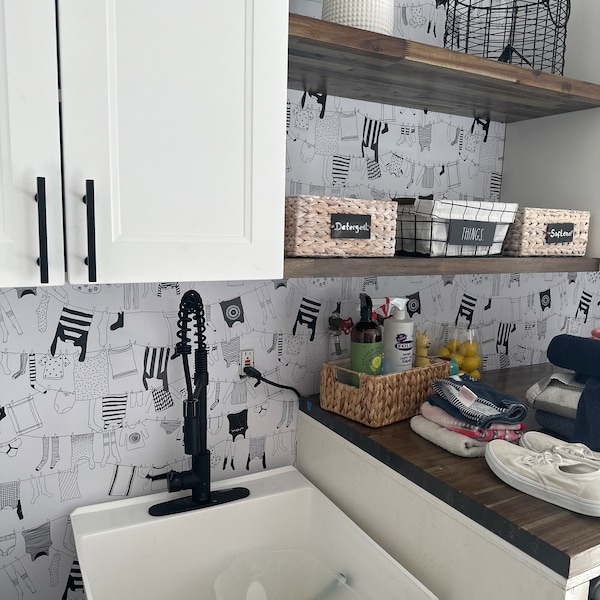 Laundry Room Wallpaper - Clothes on Washing Line Peel and Stick ...