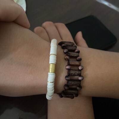 Brushed Gold Bar Bracelet Stackable Bracelet 6mm Heishi Beads Mothers Day Gift Neutral Bracelet ...