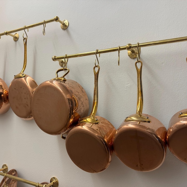 Unlacquered Brass Pot Rail With S Hooks, Brass Kitchen Pot Rail, Wall ...