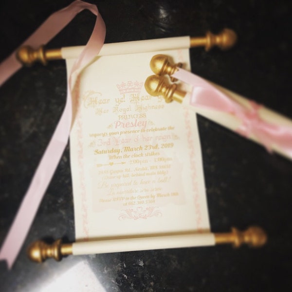 Gold Princess Scroll Birthday Invitation: Pink Ribbon, Elegant Party - Etsy