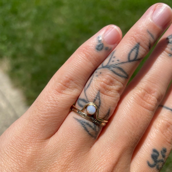 Opal Arch Ring • October Birthstone Ring - 14k Gold or Silver - Modern Stacking Ring - Small ...