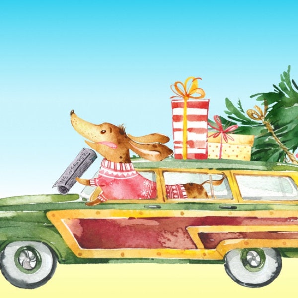 Christmas Cars. Watercolor Holiday Clipart, Dog, Fun, Gifts, Boxes ...
