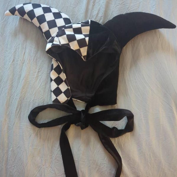 Jester Hat Harlequin Black Checkered Clown Bonnet Cap Costume Cosplay ...