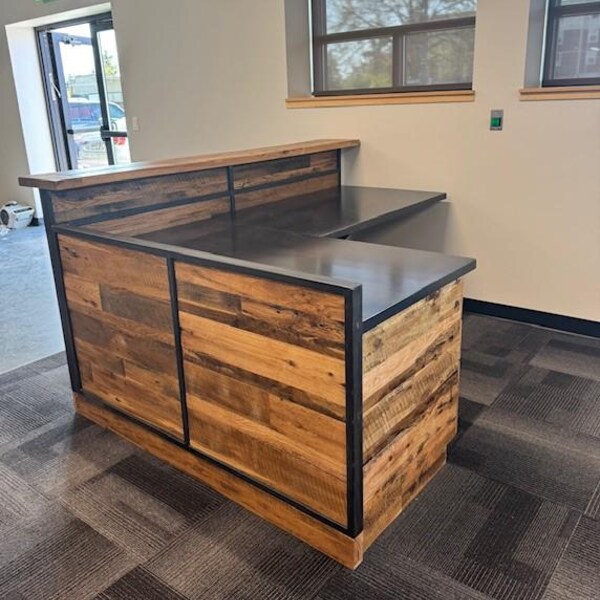Custom Modern Industrial Reception Desk, Handmade Steel and Wood Entry ...