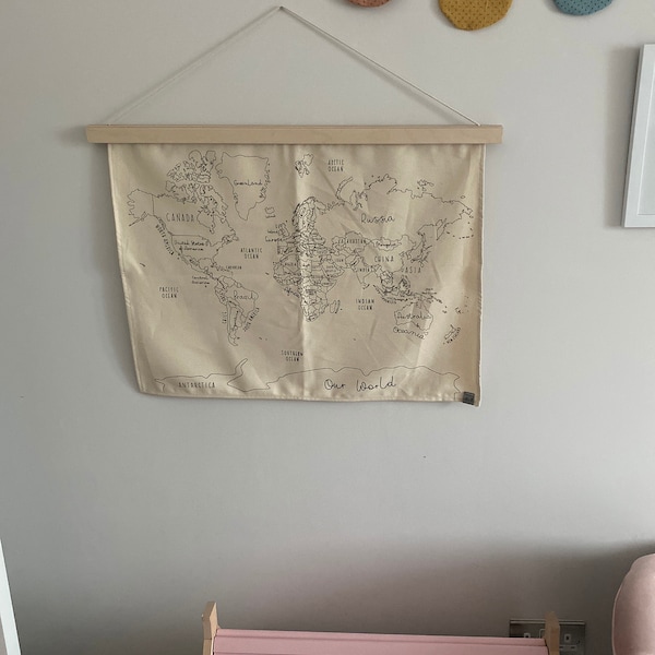 Small World Map Fabric Wall Hanging Natural Organic Cotton 67x46cm ...