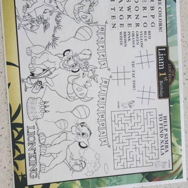 Lion King Activity Placemat, Lion King Placemat, Lion King Coloring ...