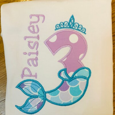 Mermaid Tail Number 3 Applique Princess Birthday Machine Embroidery ...