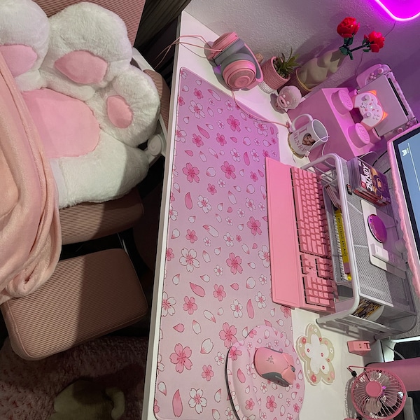 Cherry Blossom Desk Mat Kawaii Pink Mousepad, Cute Pastel Anime ...