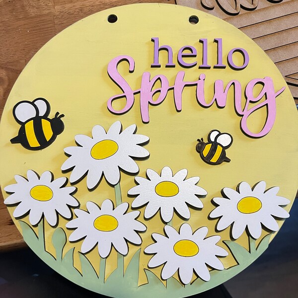 Hello Spring Daisy Bees Sign, DIGITAL Download, Round Door Hanger Svg ...