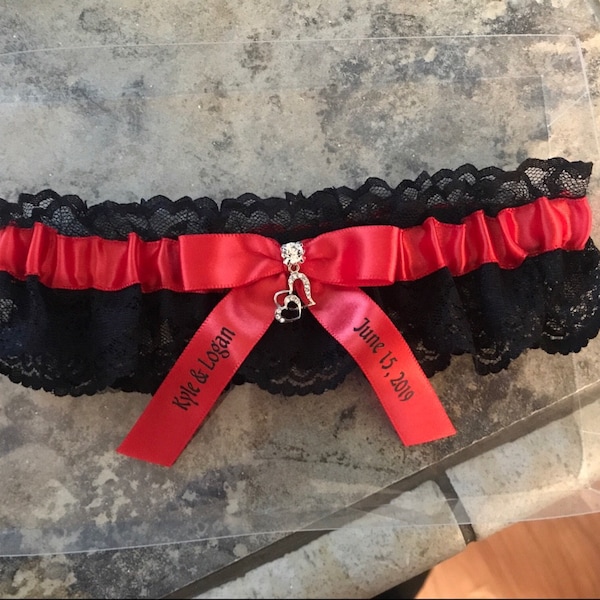 Personalized Black Lace Garter Set, Red Satin Bow, Keepsake Double ...