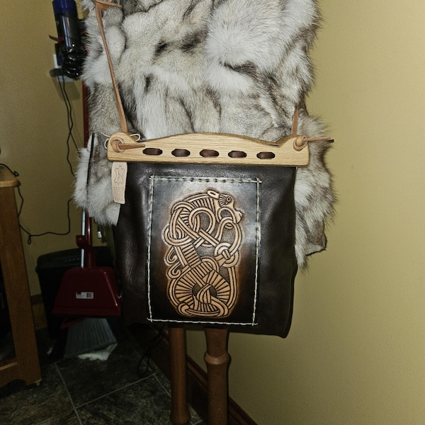 Viking Leather and Wood HANDLE Bag, Hedeby Haithabu Bag, Hand Carving ...