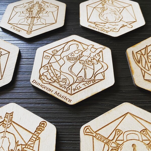 CLASS + DM Set of 13 - D&D Class Set Coasters - 3.5" Hexagon Wood ...
