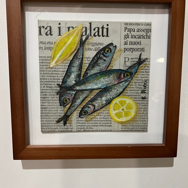 Sardine Fish Oil Painting: Art on Newspaper Anchovy Coastal Food Still ...