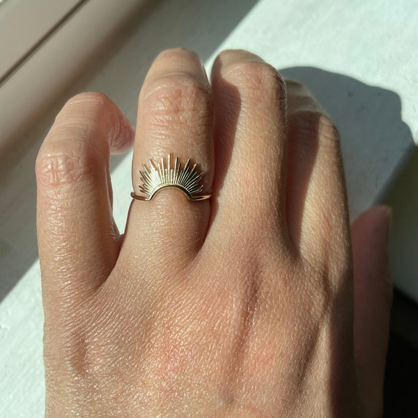 14k Sunshine Ring, Solid Real Gold Half Sun Stackable Band Women ...
