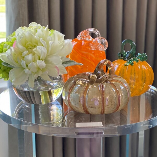 Handmade Blown Glass Pumpkin, Fall Spotty Pumpkin With Curly Tan Stem ...