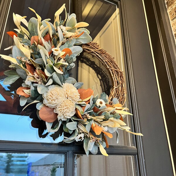 Boho Fall Eucalyptus Wreath With Fall Foliage and Wood Flowers for Fall ...