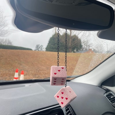 Baby Pink Fuzzy Dice With Red Hearts and Chain or Cord / Car ...