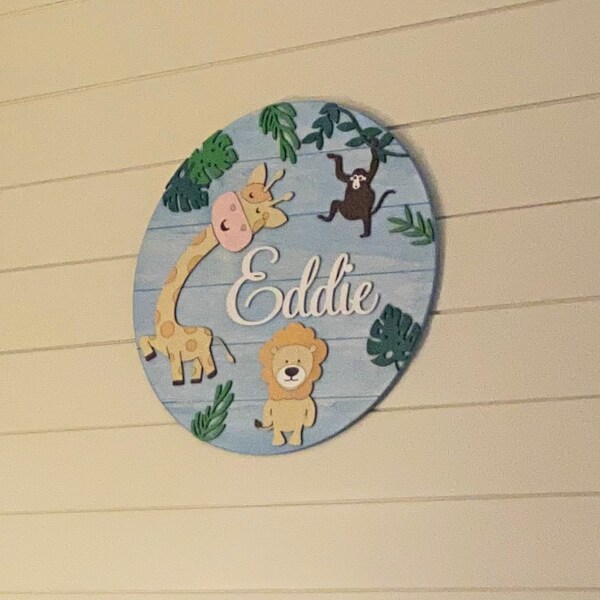Animal Nursery Sign, Round Nursery Sign, Baby Name Sign, Nursery Round ...