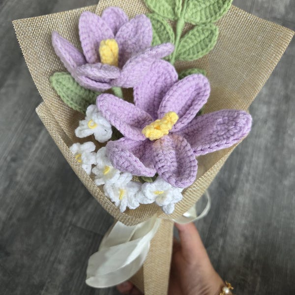 Handmade Purple Crochet Flower Bouquet – Violet Roses & Tulips, Knitted ...