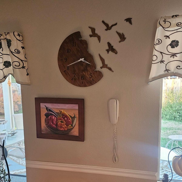 Birds Wooden Clock, Bird Flying Clock, Modern Wall Clock, Nature Wall ...