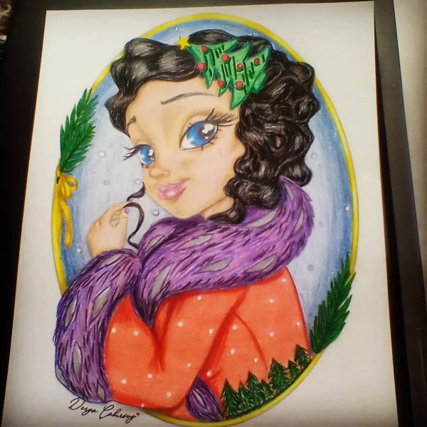 Holly '' Grayscale Coloring Page. Cute Big Eyed Christmas / New Year ...