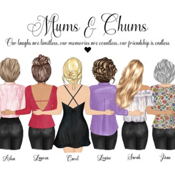 Personalised Group of Friends Print, Best Friend Print, Portrait, Plus ...