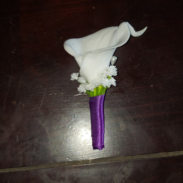 Calla Lily White Boutonniere, Choose Your Ribbon Color, Groomsmen ...