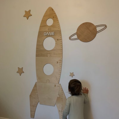 Kids Wooden Growth Height Chart Ruler, Space Theme Nursery Decor ...