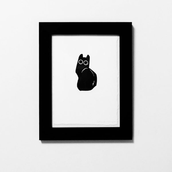 Little Black Cat Linocut - Printmaking - 7x5 Animal Art - Deckle Edge ...
