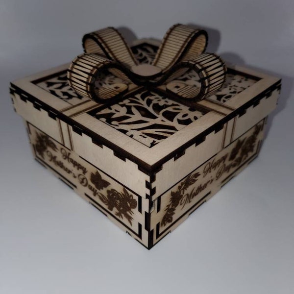 Personalized Wooden Gift Box With Engraved Design and Ribbon Closure ...