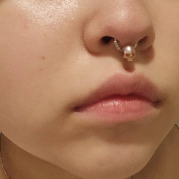 Skull Septum Piercing, Freshwater Pearl Septum Ring, Nose Ring, Silver ...