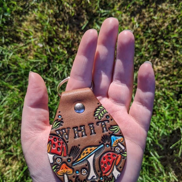 Custom Initial Leather Key Fob - Mushrooms and Daisies Keychain - Hand ...