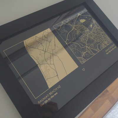 A4 Any Two Locations Metallic Map Print, Custom Multi Location Foil Map ...