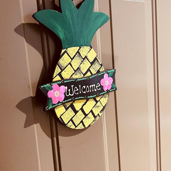 PINEAPPLE WELCOME SIGN Tiki Bar Pool Deck Porch Door Hawaiian Tropical ...