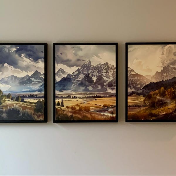 Grand Teton National Park Watercolor Print: Wyoming Mountain Panorama ...