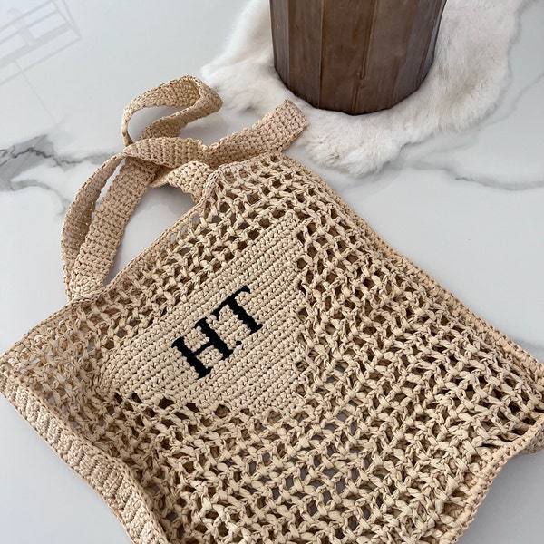 Crochet Raffia Tote Bag, Beach Raffia Bag, Personalized Hobo Bag, Mesh ...