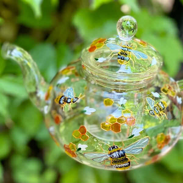 Mothers Day Gift, Hand Painted Glass Tea Set, Bee Teapot With Cups and ...