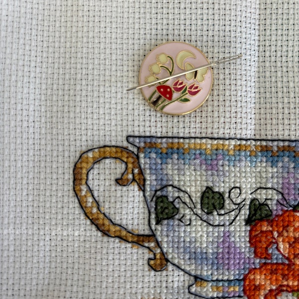 Floral Enamel Needle Minder, Needle Threader, Garden Needle Minder ...