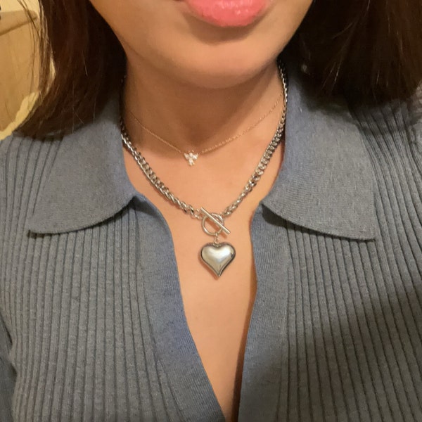 Silver Puffed Heart Pendant Toggle Necklace Chunky Jewelry Statement 3D ...