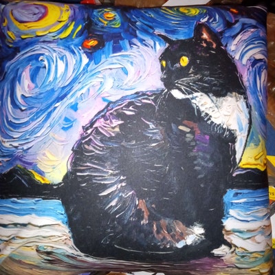 Tuxedo Cat on Beach Starry Night Basic Throw Pillow Art by Aja Comes With Insert Stuffed Home ...