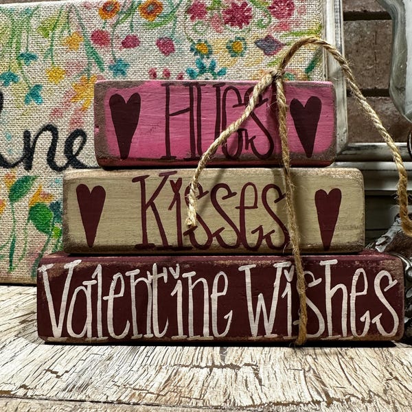 Hand Painted Distressed Hugs Kisses Valentine Wishes Tiered Tray Shelf ...