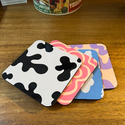 Cute Coasters Set of 4 Wavy Coasters Funky Decor Cork Coaster Colourful ...
