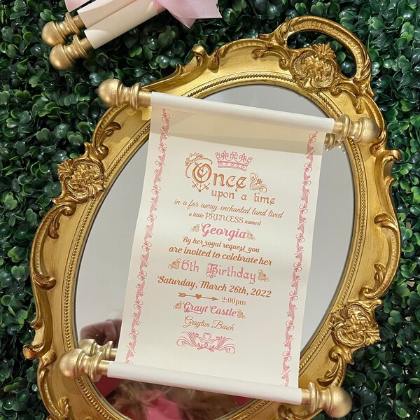 Gold Princess Scroll Birthday Invitation: Pink Ribbon, Elegant Party - Etsy