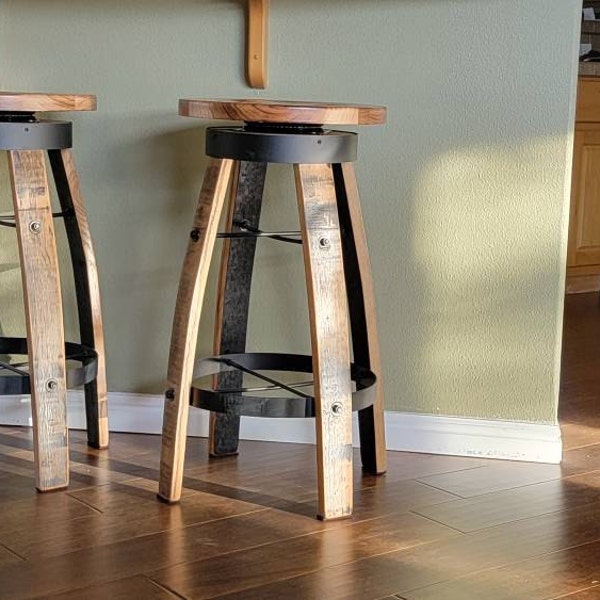 Whiskey Barrel Stave Bar Stool With Burnt Hickory Wooden Swivel Seat ...