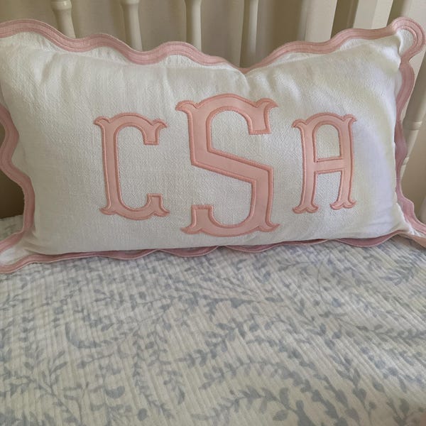 12x20 in Personalized Scalloped Applique Name and Monogram Pillow Cover ...