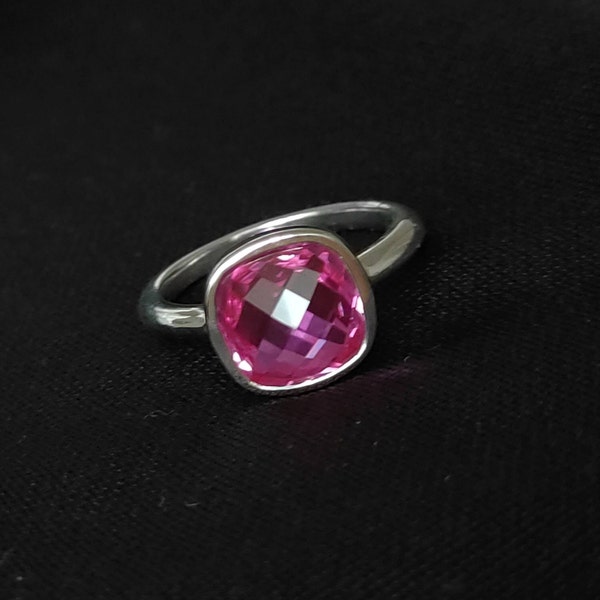 Fuschia Pink Square Ring- Hot Pink Quartz Stack Ring- Faceted Pink ...