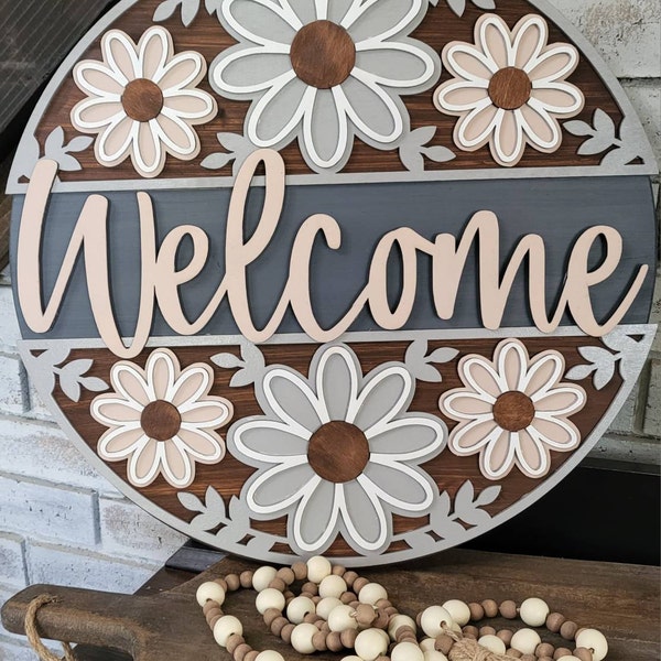 Welcome Flower Pattern Sign, Digital Download, Round Door Hanger Svg ...